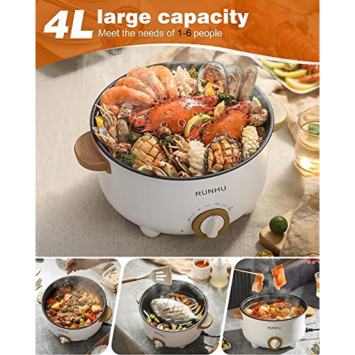 RUNHU Electric Hot Pot with Steamer, 4L Non-Stick Electric Frying Pan with Multi-Power Control, 3.1" Depth Multifunctional Cooker with Overheating Protection for Shabu Shabu, Noodles, Sauté (White)