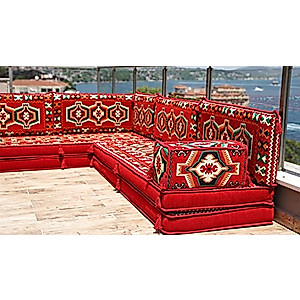 Red L Shaped Sectional Sofa, Terrace Arabic Sofa, Floor Cushions, Arabic Majlis, Poufs, Turkish Floor Seating Set, Sofa Covers, Sofa Bed (L Sofa Only)