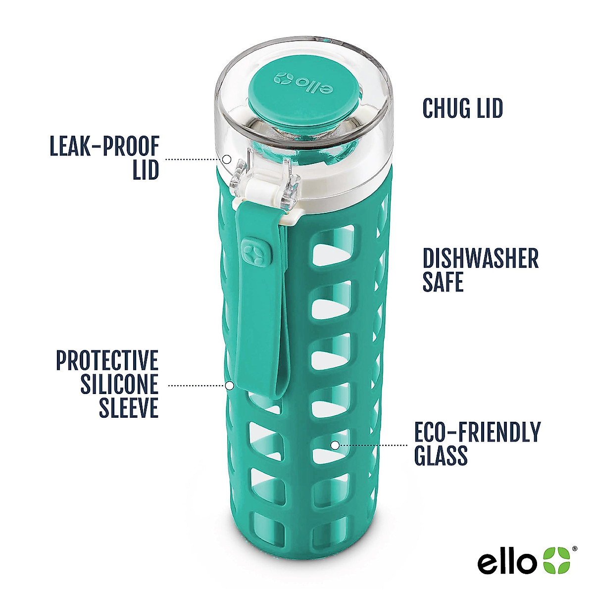 Ello Syndicate 20oz Reusable Glass Water Bottle with One-Touch Leak Proof Flip Lid and Protective Non-Slip Silicone Sleeve and Carry Loop for Coffee, Tea and Water, BPA-free, Dishwasher Safe, Mint
