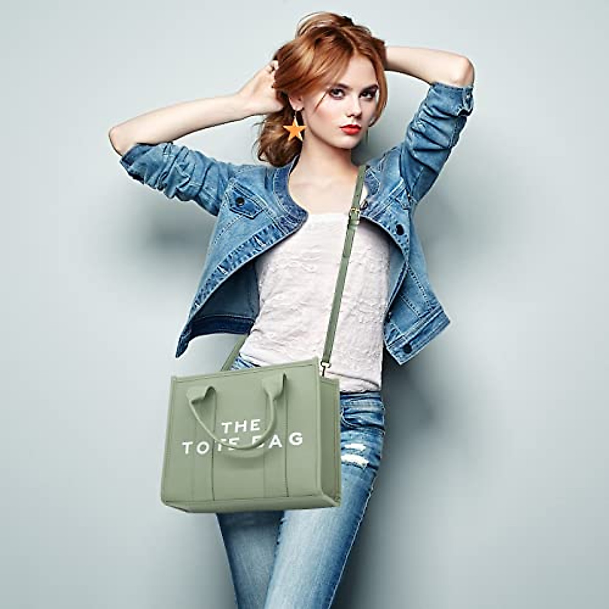 Women's The Tote Bag, PU Leather Tote Bag, Shoulder, Crossbody or Handle Bag for Work, School (10.2X4.2X8.5in) (Light green)