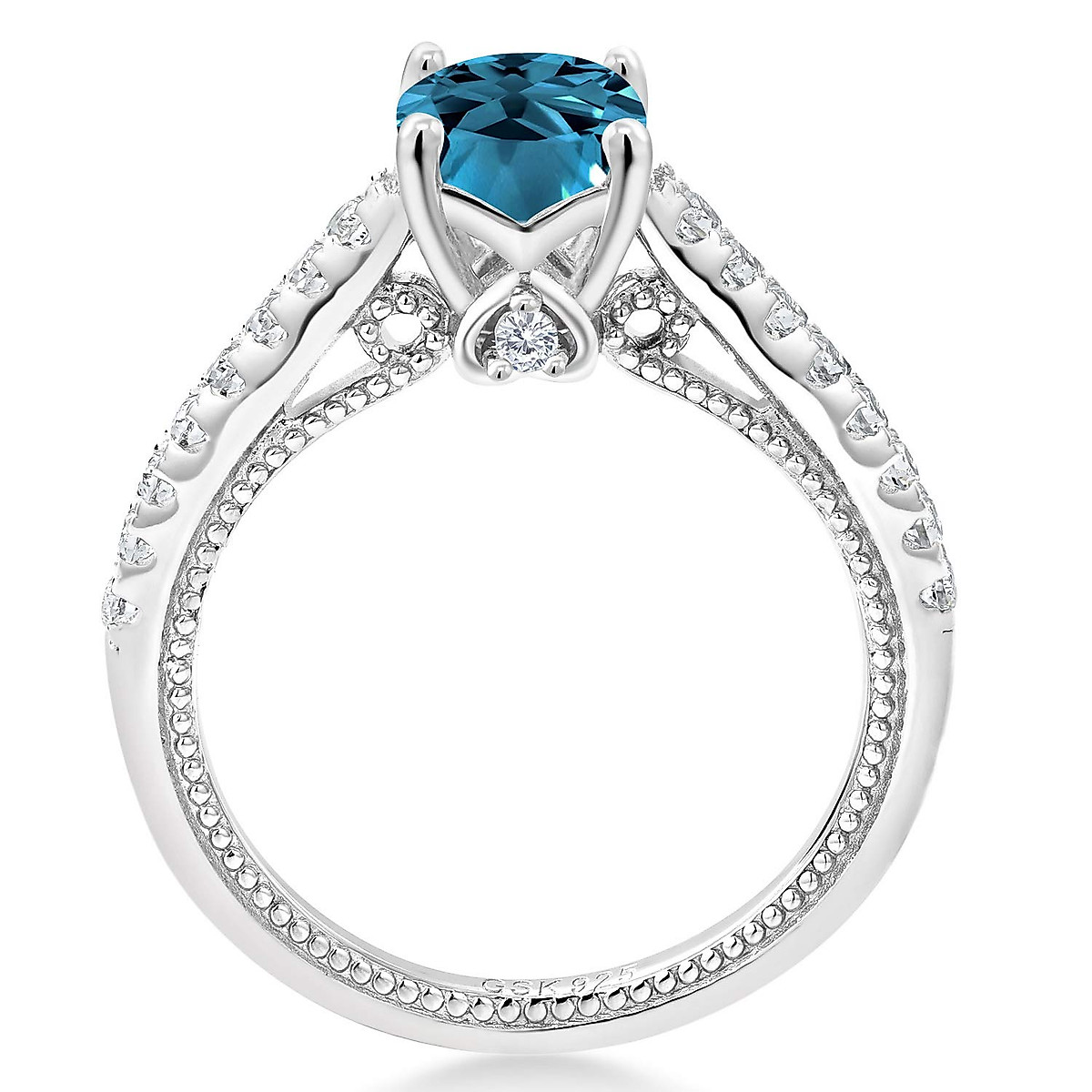 Gem Stone King 925 Sterling Silver London Blue Topaz and White Created Sapphire Engagement Ring For Women (1.45 Cttw, Cushion 6MM, Gemstone November Birthstone, Available In Size 5, 6, 7, 8, 9)