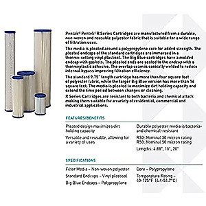 Pentair Pentek R30-20BB Big Blue Sediment Water Filter, Whole House Pleated Polyester Filter Cartridge, 20" x 4.5", 30 Micron, White