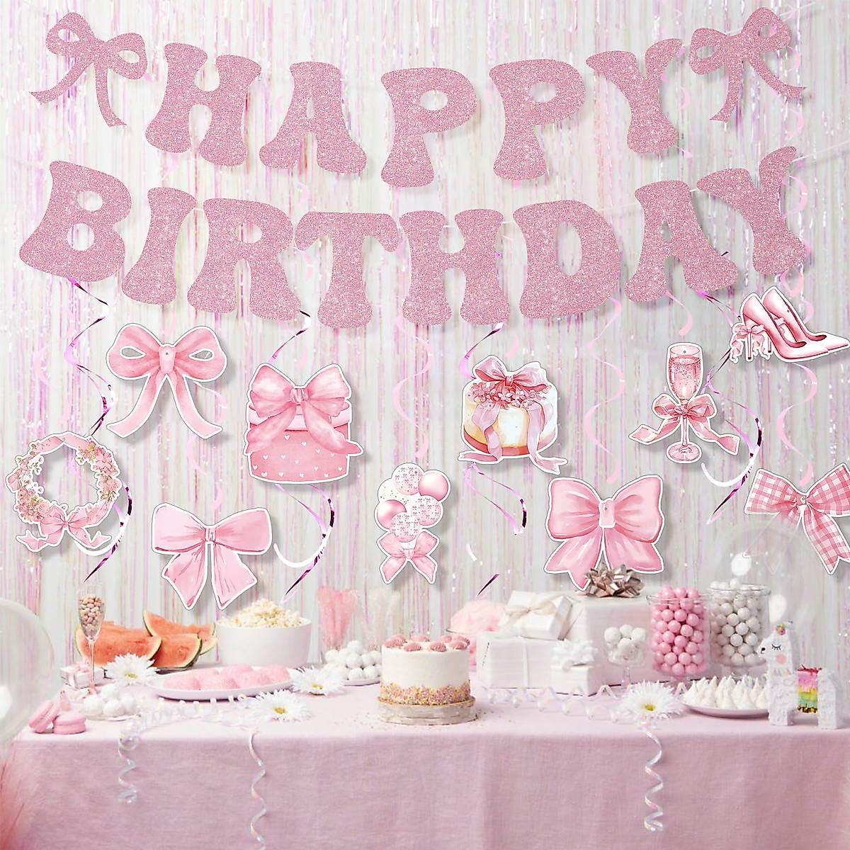 25 Pcs Coquette Birthday Decorations Glitter Happy Birthday Banner Pink Bow Hanging Swirls Pink Bow Birthday Decorations Bow Themed Party Decor for Baby Shower Girls Women Birthday Party Supplies