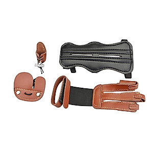 SHARROW Archery Protector Set Glove 3 Finger Guard Leather Arm Guard Bracers Finger Tabs Thumb Ring Finger Protector Protective Gear Set for Compound Bow Recurve Bow Shooting Hunting