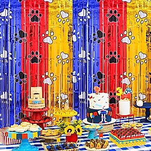 Bupelo Paw Birthday Decorations, 2 Pack Gold Red and Blue Paw Birthday Party Supplies 3.3 x 6.6ft Tinsel Foil Fringe Curtains Photo Booth Props Backdrop Streamers, House Doorway Room Decor for Kids