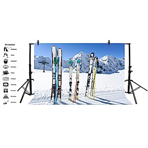 Leyiyi 10x7ft Ski Boards Stand in Snow Backdrop Cold Winter Sport Go Skiing Snow Covered Mountain Outdoor Adventure Photography Background Merry Christmas New Year Photo Studio Prop Vinyl Wallpaper