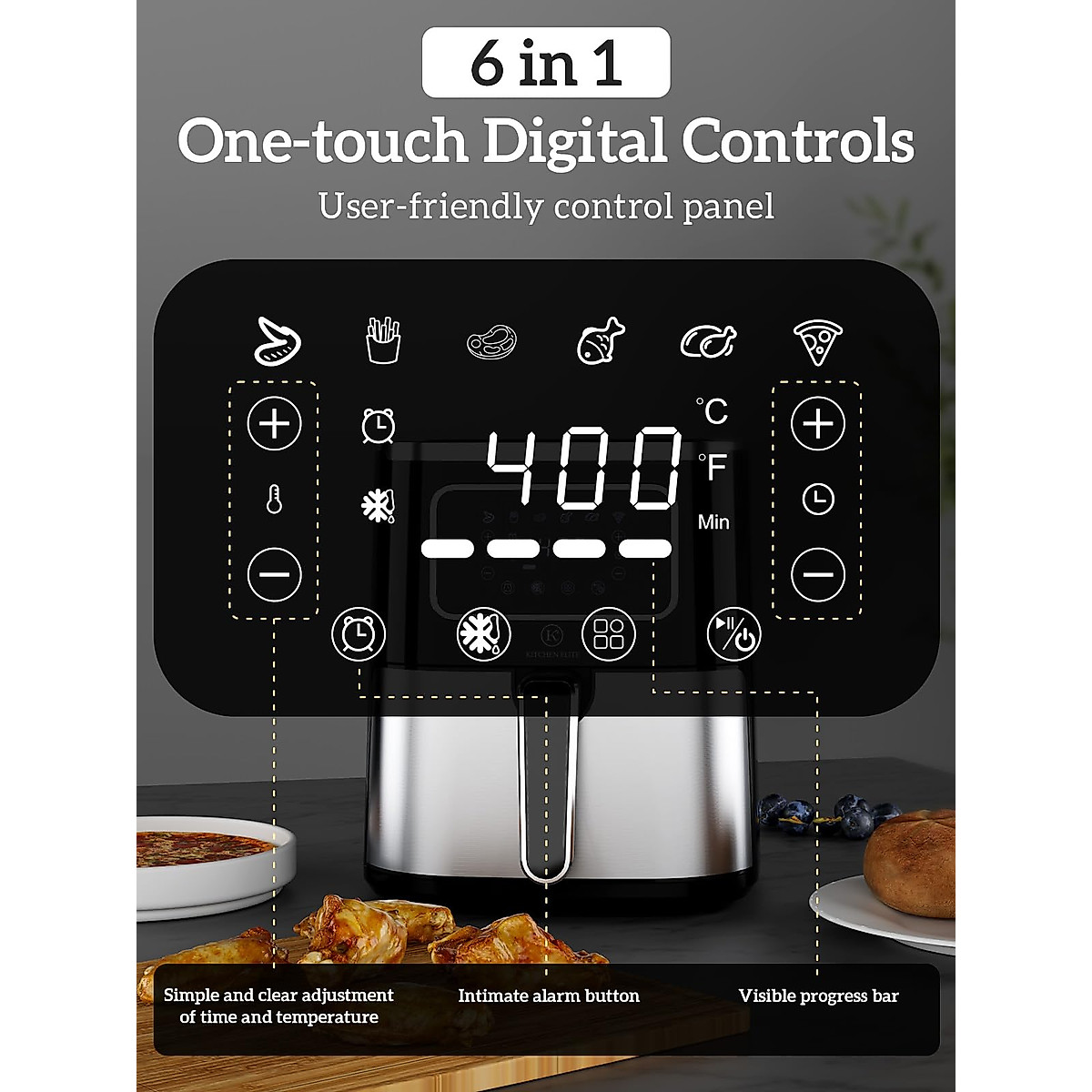 Air Fryer Oven 5.5Qt, 6 Presets Digital Display Compact Cooker,Space-saving, Nonstick & Dishwasher Safe Basket, Stainless Steel,Kitchen Elite