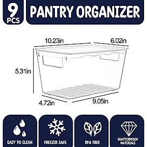 Plastic Storage Bin with Lids, ESARORA Stackable Clear Organizer Basket Bins with Handle for Fridge, Cabinet, Bedroom, Closet, Bathroom, Office, Kitchen & Pantry Organization, 9 PACK