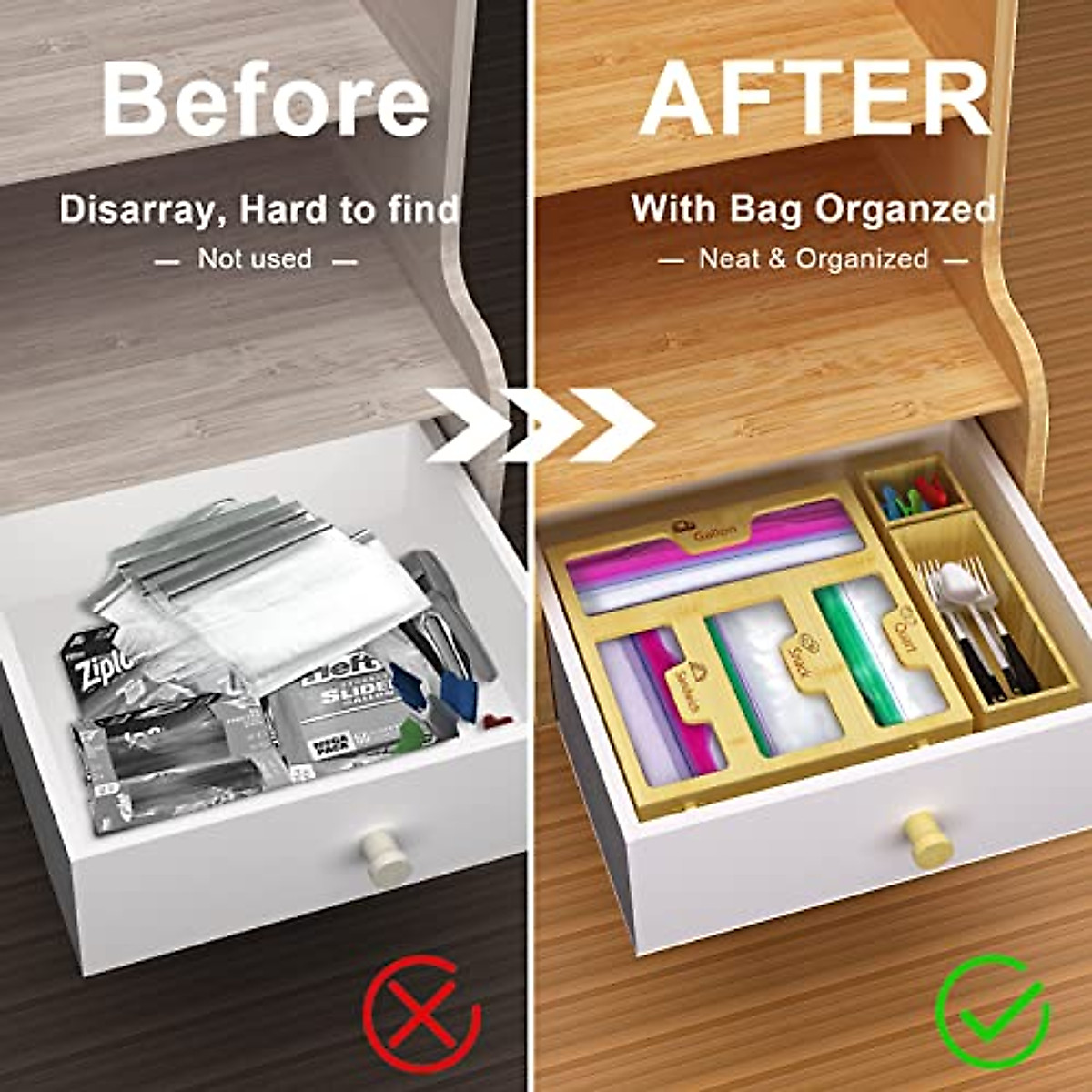 AIONASA Ziplock Bag Storage Organizer for Kitchen Drawer, Bamboo Organizer,Bamboo Plastic Bag Holder with 2 Extra Bonus Storage Boxes, Compatible with Sandwich,Gallon,Quart,Snack Plastic Bags
