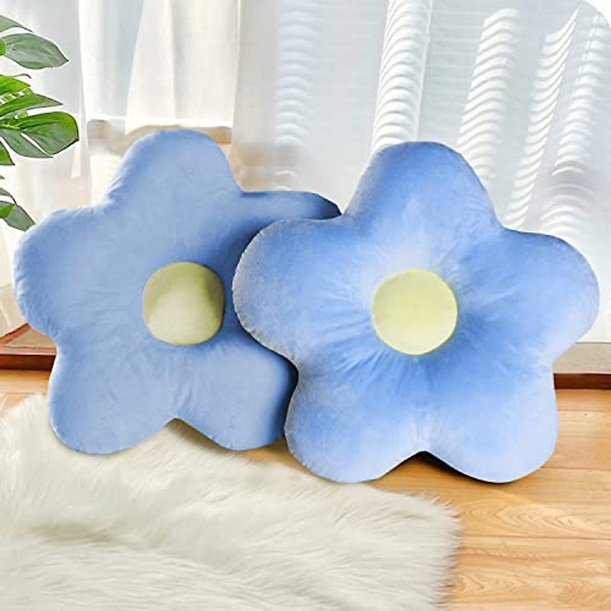 HIG 2 PCS Decorative Flower Throw Pillows, Adorable Accent Floor Pillows with Unique Sunflower Shape, 15 inch Round Fun Daisy Indie Pillows for Sofa Couch Bed Children's Tent, Velvet, Blue (Loren)
