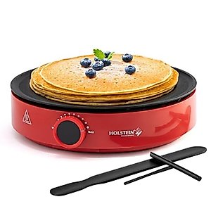 Holstein Housewares 12” Crepe Maker - Adjustable Temperature Control - Nonstick Griddle for Versatile Cooking of Crepes, Blintzes, Pancakes, Eggs, Bacon & More - Easy to Clean - Indicator Lights