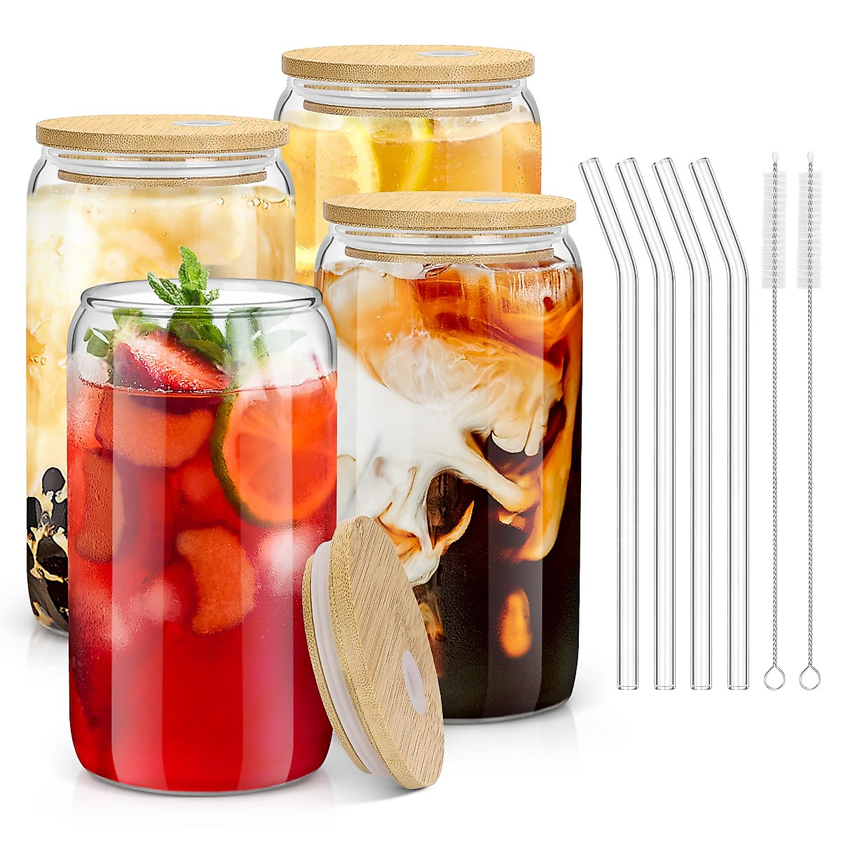 sungwoo Glass Cups with Bamboo Lids and Straws, 16OZ Ice Coffee Cup, Drinking Cup set with Wooden Lids, Home Essential Glass Tumblers for Beer, Cocktail, Tea and Latte Clear 4 Pack