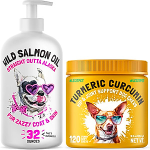 Wild Alaskan Salmon Oil for Dogs & Cats 32 oz and Turmeric Curcumin Hip & Joint Dogs Supplement Anti-Inflammatory Support for Arthritis & Mobility 120 Chews