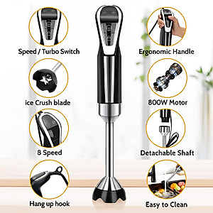 LINKChef Immersion Blender 800W Scratch Resistant Hand Blender, Anti-splash Handled Blender with LED Touch Display, Immersion Hand Blender with Chopper, Beaker, Whisk, Storage Stand