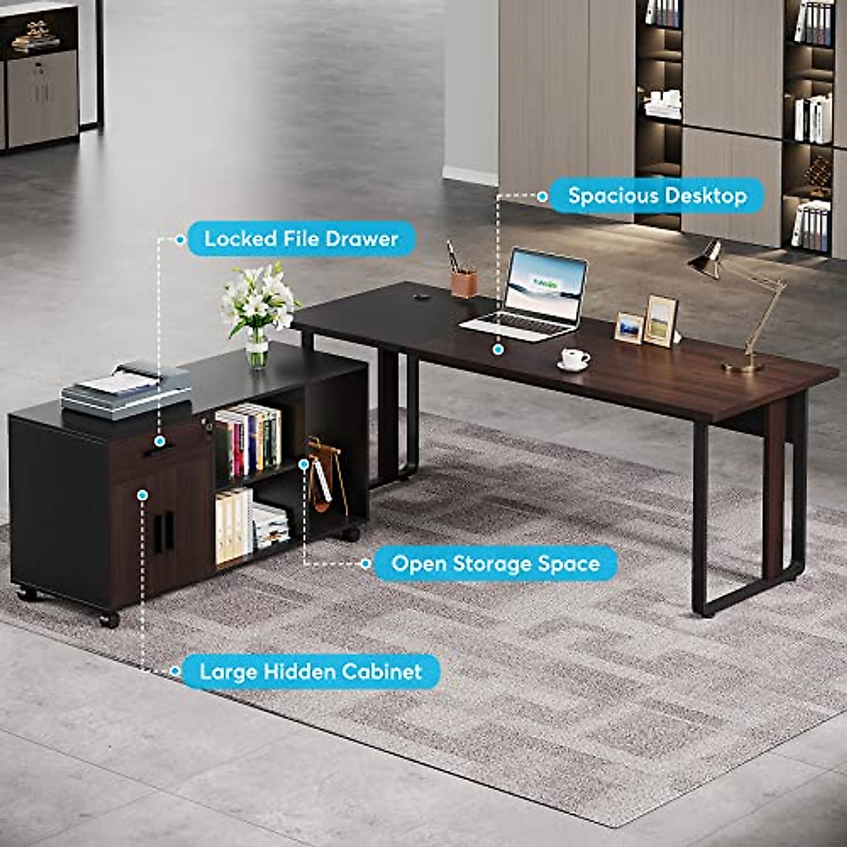 Tribesigns 70.8" Large Executive Office Desk with Lateral File Cabinet, L Shaped Office Desk with Drawers and Storage, Home Office Furniture Sets