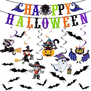 Halloween Party Decorations, Happy Halloween Banner Hanging Swirl Streamers and 3D Bat for Halloween Party