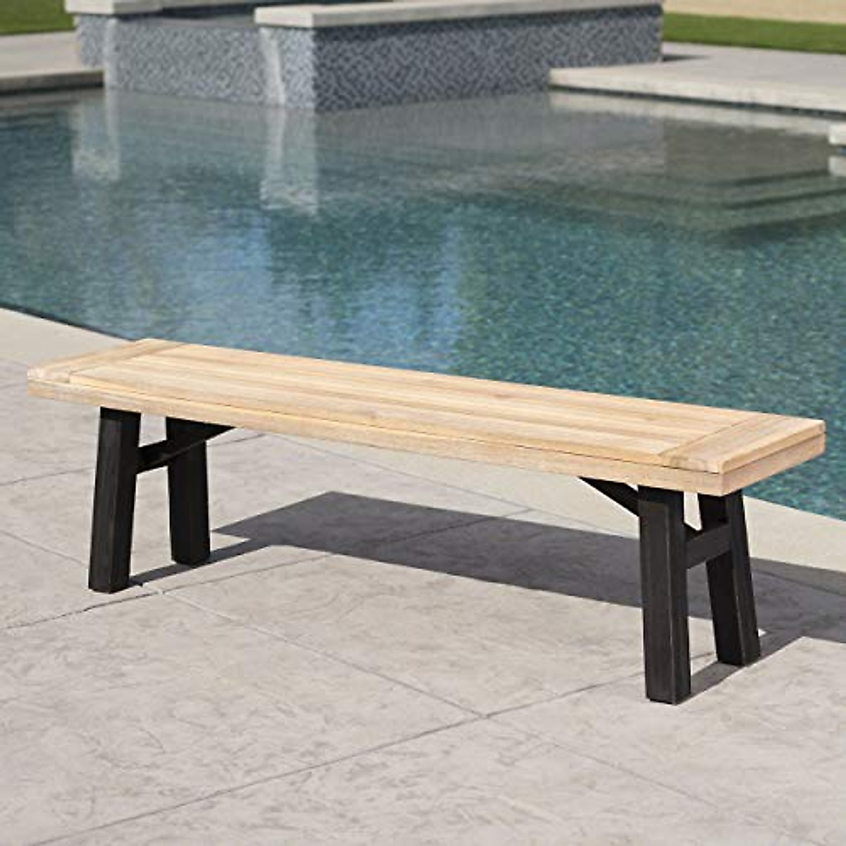 Christopher Knight Home Bettina Outdoor Acacia Wood Dining Bench with Brushed Mahogany Legs, Brushed Grey / Brushed Mahogany