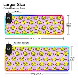 VKPSCHJ Desk Pad with Wireless Charging Ducks and Pink Heart Large RGB Gaming Mouse Pads 10 Light Modes Polka Dots 15W Computer Keyboard Mat Antislip Protector Mats for Office Home Table Gaming Decor