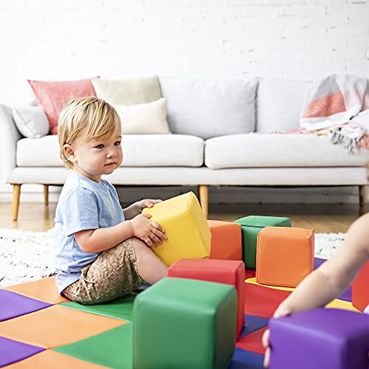 ECR4Kids SoftZone Patchwork Activity Mat and Toddler Blocks, Beginner Playset, Assorted, 13-Piece
