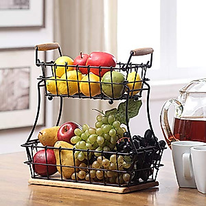 SunnyPoint 2-Tier Rectangle Countertop Fruit, Bread Wire Basket (Black, Metal + Wood base)
