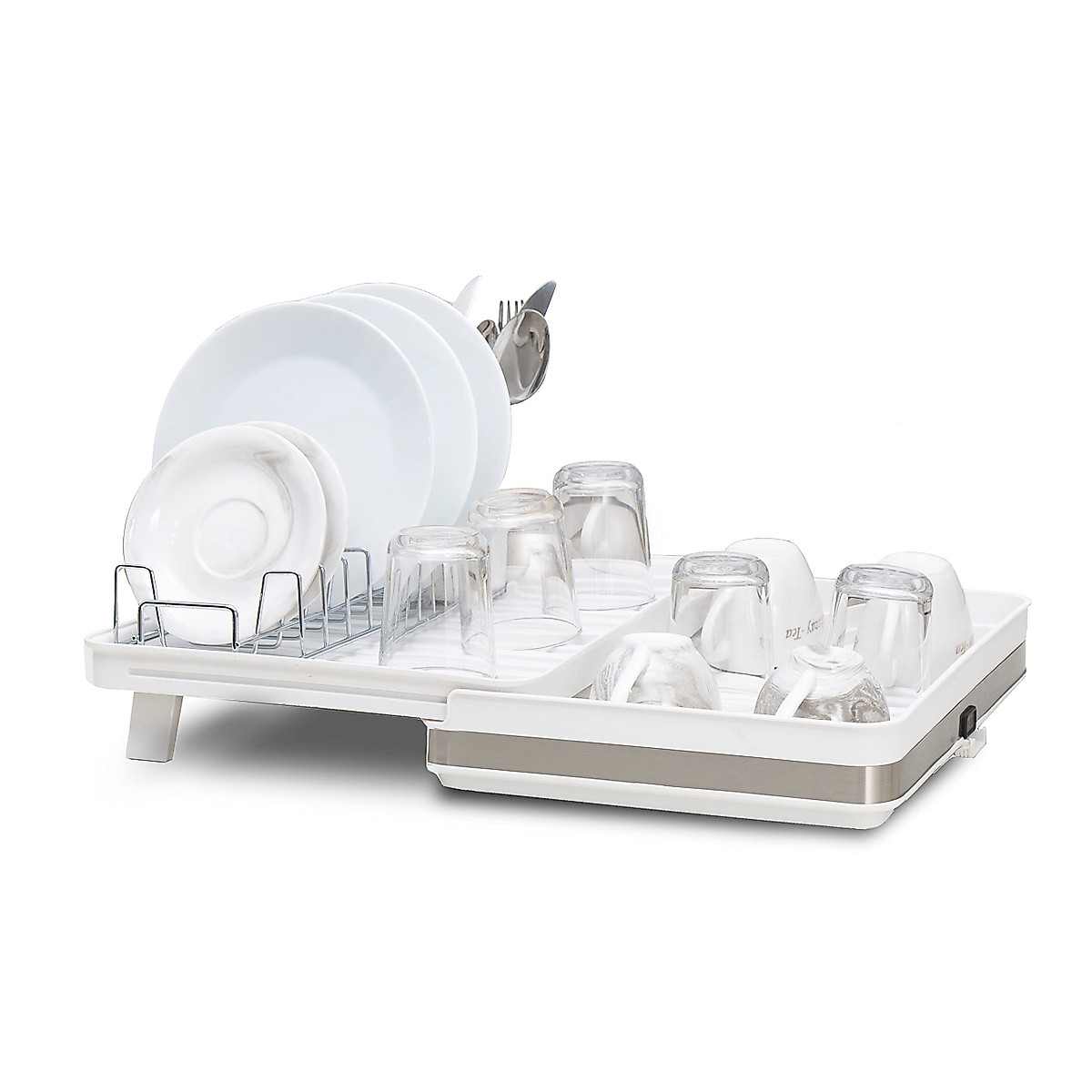 Alta by Auggie Chino Expandable Dish Drying Rack with Drainage Spout, Stainless Steel, Movable Utensil Drainer, (White)