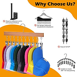 HzTinT Hat Organizer for Baseball Caps, Hat Hanger for Wall & Closet, 360° Swivel, 2 Pack Hat Rack with 10 Traceless Clips for Hat Storage, Fits All Caps & Belts, for Men and Women Gift