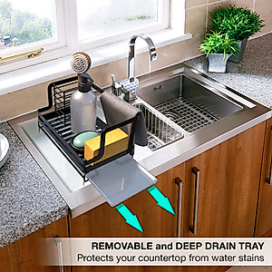 ANDRSAN Kitchen Sink Caddy with Removable Drain Tray, Kitchen Countertop Sink Organizer for Sponges, Dishcloth, Soap Bottle, Brushes and Sink Stopper, Sponge Holder for Kitchen Sink, Black