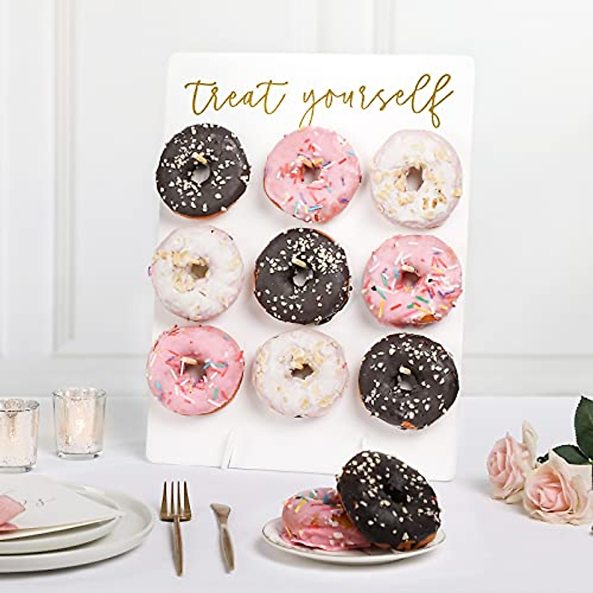 Rmeosye Donut Wall Display Stand Reusable Donut Holder Board Rustic Wood Doughnut Food Buffet Display for Wedding, Baby Shower, Bridal Shower, Birthday Party Treat Yourself Fits 9 Donuts (White)