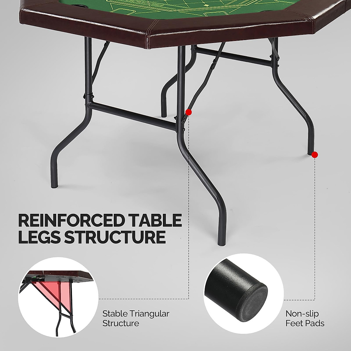 PEXMOR Foldable Poker Table, 8 Player Octagonal Folding Texas Holdem Blackjack Table w/Casino-Grade Felt, Water-Resistant Cushioned Rail, 8 Cup Holders, Portable Collapsible Legs Casino Game Table