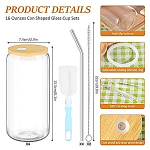 Verdenu 4 Pcs Glass Cups Set, 16oz Drinking Glasses with Lids and Glass Straws, Can shaped Iced Coffee Cup, Clear Beer Can Glass, Cute Tumbler Cup, Ideal for Gift, Homemade DIY Drink