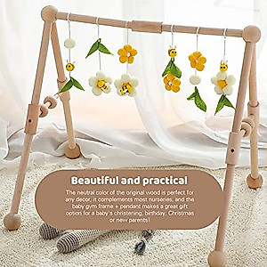 bopoobo Wooden Baby Play Gym Foldable Baby Play Gym Frame Activity Center Hanging Sensory Toys with 6 Soft Toys for Sensory Exploration and Motor Skill Development Gift for Newborn Baby