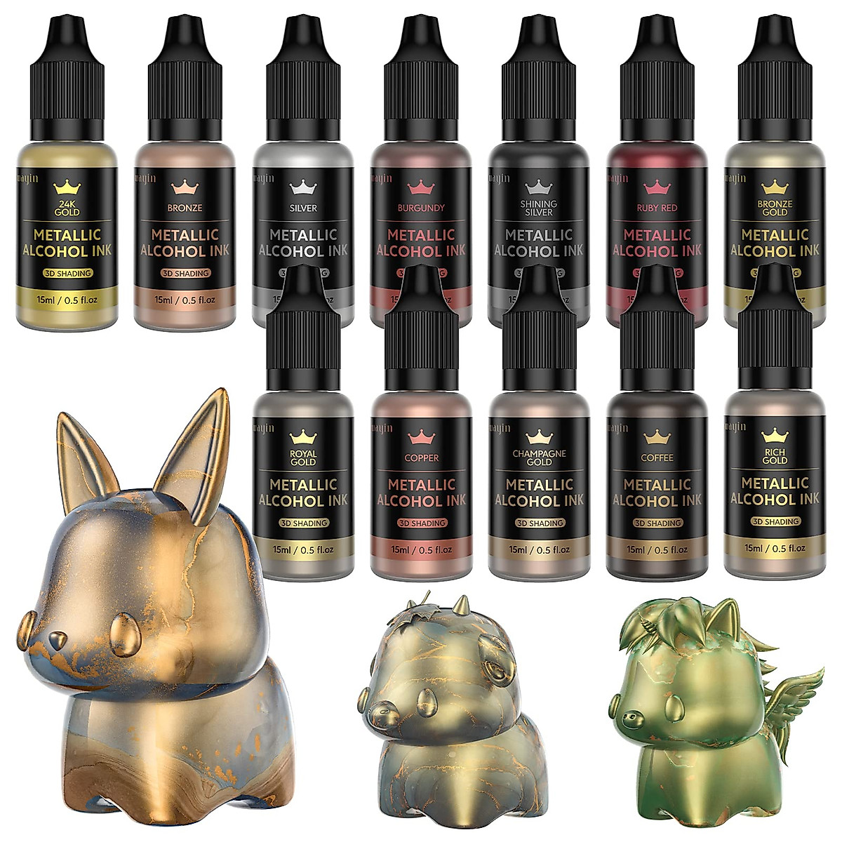 Metallic Alcohol Ink Set - 12 Metal Color Alcohol-Based Resin Inks, High Concentrated Extreme Shimmer with Gemstone Mixatives for Epoxy Resin Petri Yupo Tumbler Cups Fluid Art Painting (15ml/.5 fl oz)