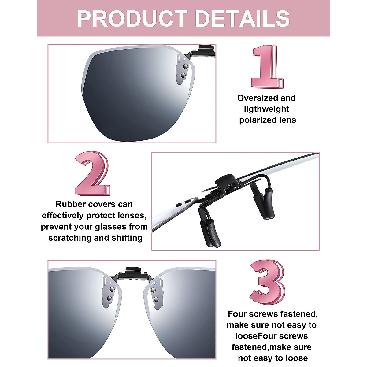 Frienda 3 Pairs Polarized Clip on Sunglasses over Prescription Glasses Rimless Anti-glare Sunglasses Flip up Sunglasses(Black-Gray, Blue-Pink, Pink)