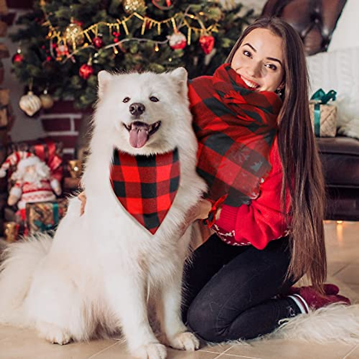 3 Pcs Set Christmas Dog Bandanas and Matching Scarf Scrunchie Set Plaid Dog Bandanas Bibs Pet Owner Plaid Blanket Scarves Wraps Girl Hair Bow for Pet Mom Small Medium Large Dogs Birthday Gifts (Red)