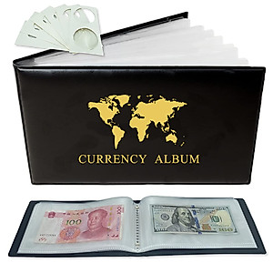 Paper Money World Currency Collection Album Book Binder,40 Pockets Dollar Holders Sleeves for Protector/Collector (Large Currency Album Binder)