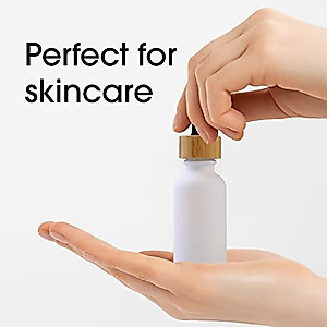 Focus Nutrition 12 Pack Clear Frosted Boston Round Essential Oils Aromatherapy Glass Bottles Jar With Black Bamboo Eye dropper cap, 1oz