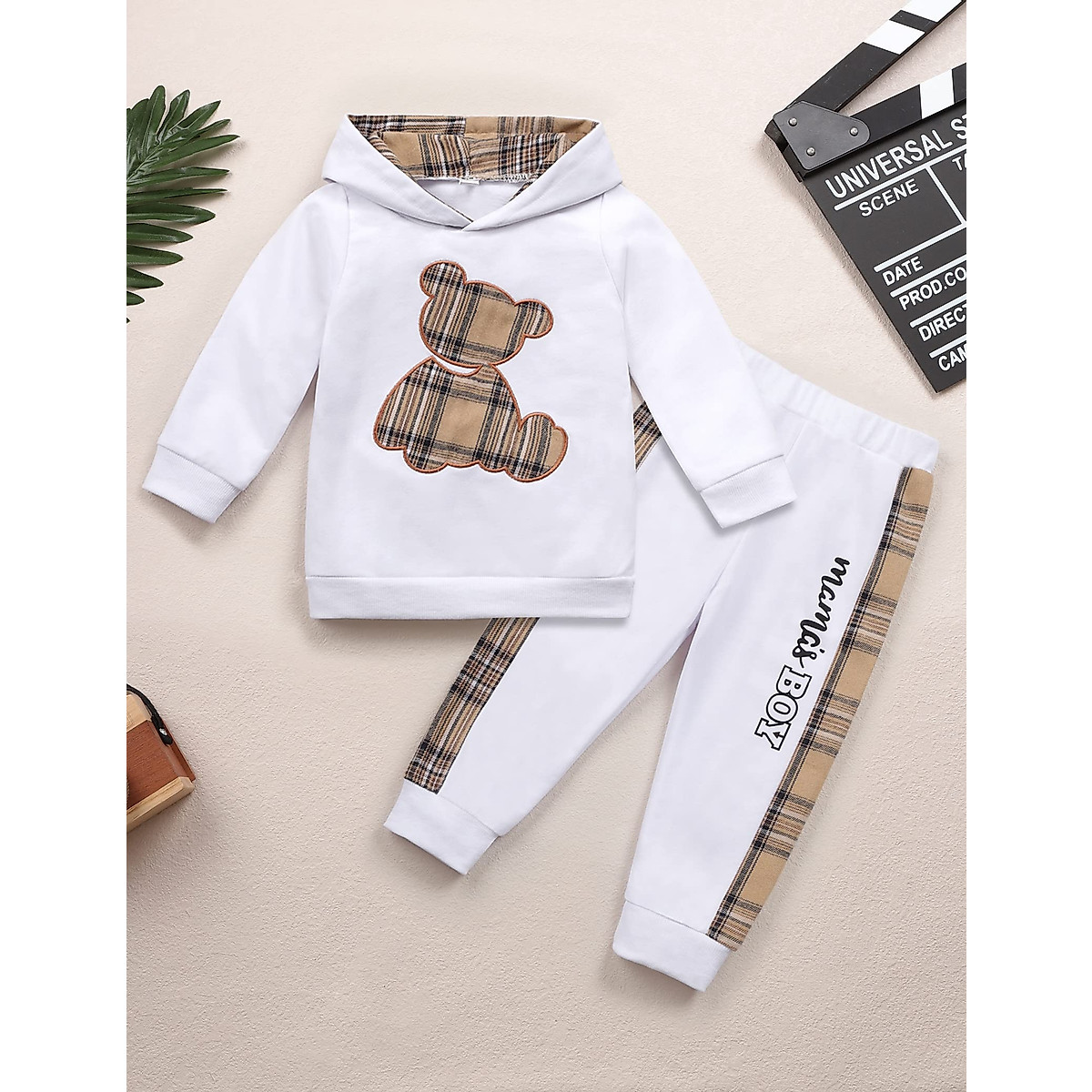 Yoxindax Toddler Baby Boy Clothes Outfits Plaid Bear Long Sleeve Hoodie Sweatshirt Patchwork Pants Fall Winter Clothes for Boys(4-5t)