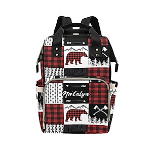 Liveweike Buffalo Plaid Bear Deer Personalized Diaper Bag Backpack Custom Name Daypack Large Mommy Bag for Teen Girl Boy Student