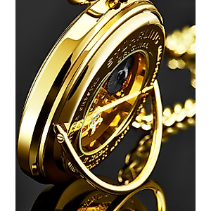 Stuhrling Original Men's Pocket Watch Stainless Steel Analog Skeleton Watch Hand Wind Mechanical Movement Stainless Steel Chain (Silver) (Gold)