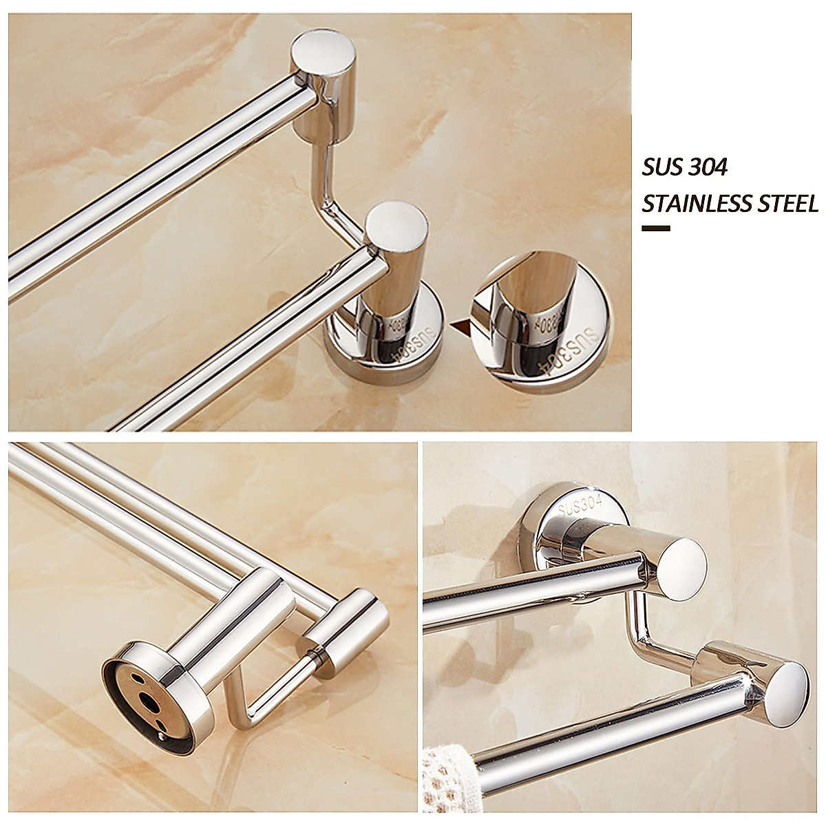 Bathroom Double Towel Bar Holder, 61cm/24inch, Wall-Mounted Towel Rail, SUS 304 Stainless Steel Towel Rod for Bathroom or Kitchen, Polished Silver Finish