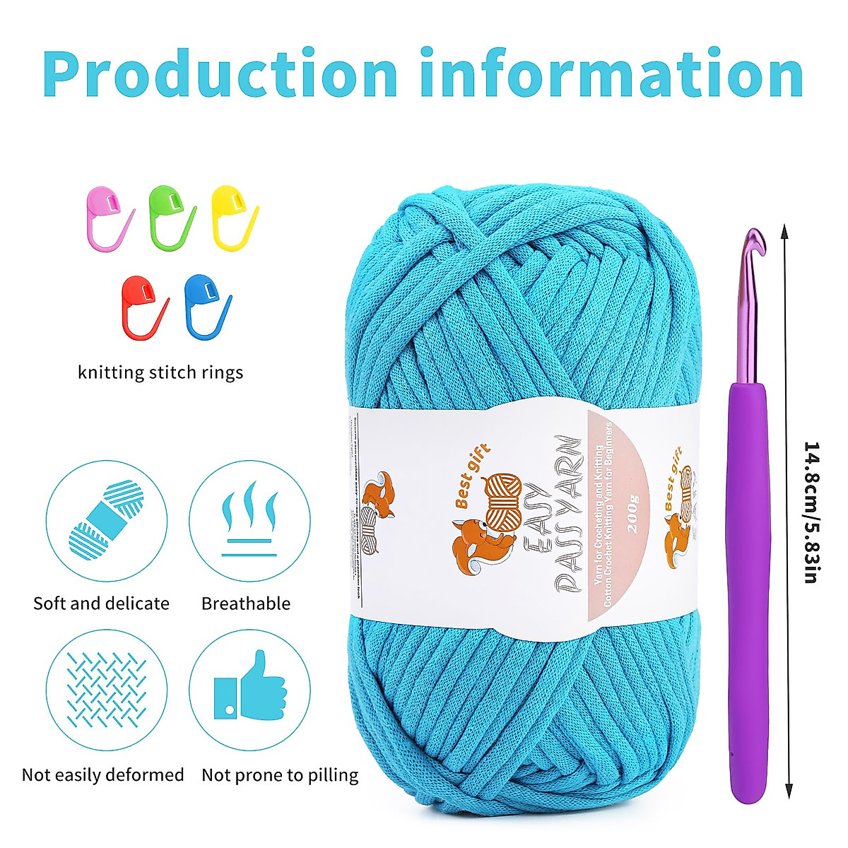 Fedmut Yarn for Crocheting -200g Beginners Chunky Cotton Yarn Easy-to-See Stitches Thick Worsted Yarn for Knitting Craft -Peacock Blue