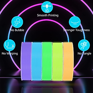 Aystkniet PLA Filament 1.75mm Bundle, Glow in The Dark Filament Multicolor Pack with Green Blue Purple Orange Red, 3D Printer Filament 250g X 5 Spools, Dimensional Accuracy +/- 0.02 mm