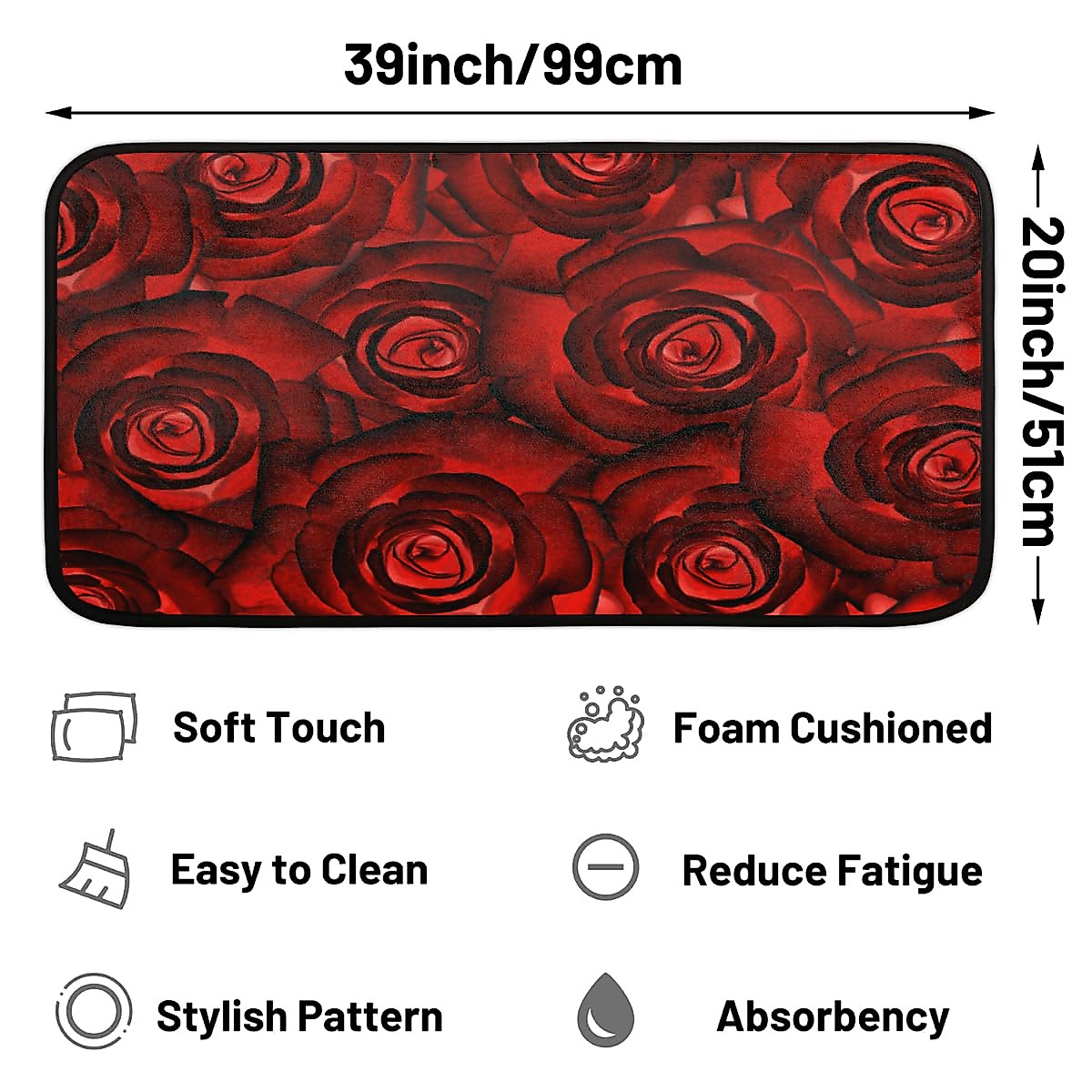 KOBLEN Red Roses Flower Kitchen Rugs Non Slip Washable Absorbent Kitchen Mats 20x39 inch Cushioned Anti Fatigue Kitchen Floor Mats for in Front of Sink