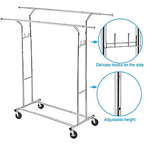 Tajsoon Clothes Rack,Collapsible Heavy Duty Garment Rack,Extendable Standard Double Rods Clothes Hanging Rack,Commercial Clothing Display Stand,Adjustable Rolling Clothes Organizer With Wheels,Chrome