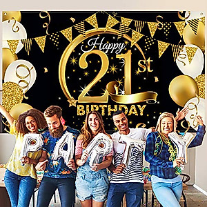 Birthday Party Decoration Extra Large Fabric Black Gold Sign Poster for Anniversary Photo Booth Backdrop Background Banner, Birthday Party Supplies, 72.8 x 43.3 Inch (21st)