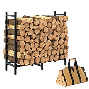NANANARDOSO 2.6ft Outdoor Indoor Firewood Rack and Tote Bag Combo Wood Rack for Firewood Storage Heavy Duty Log Holders for Fireplace Metal Lumber Storage Carrier Organizer