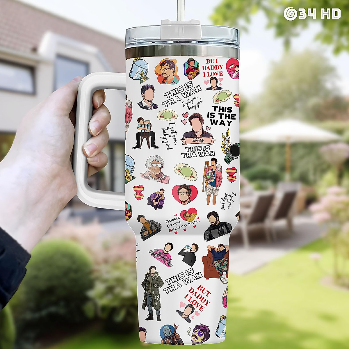 34HD Movie Character Tumbler with Handle & Straw, 40oz Stainless Steel Vacuum Insulated Actor Mug, Movie Themed Cups, Actor Gifts for Women on Birthday Mothers Day Christmas