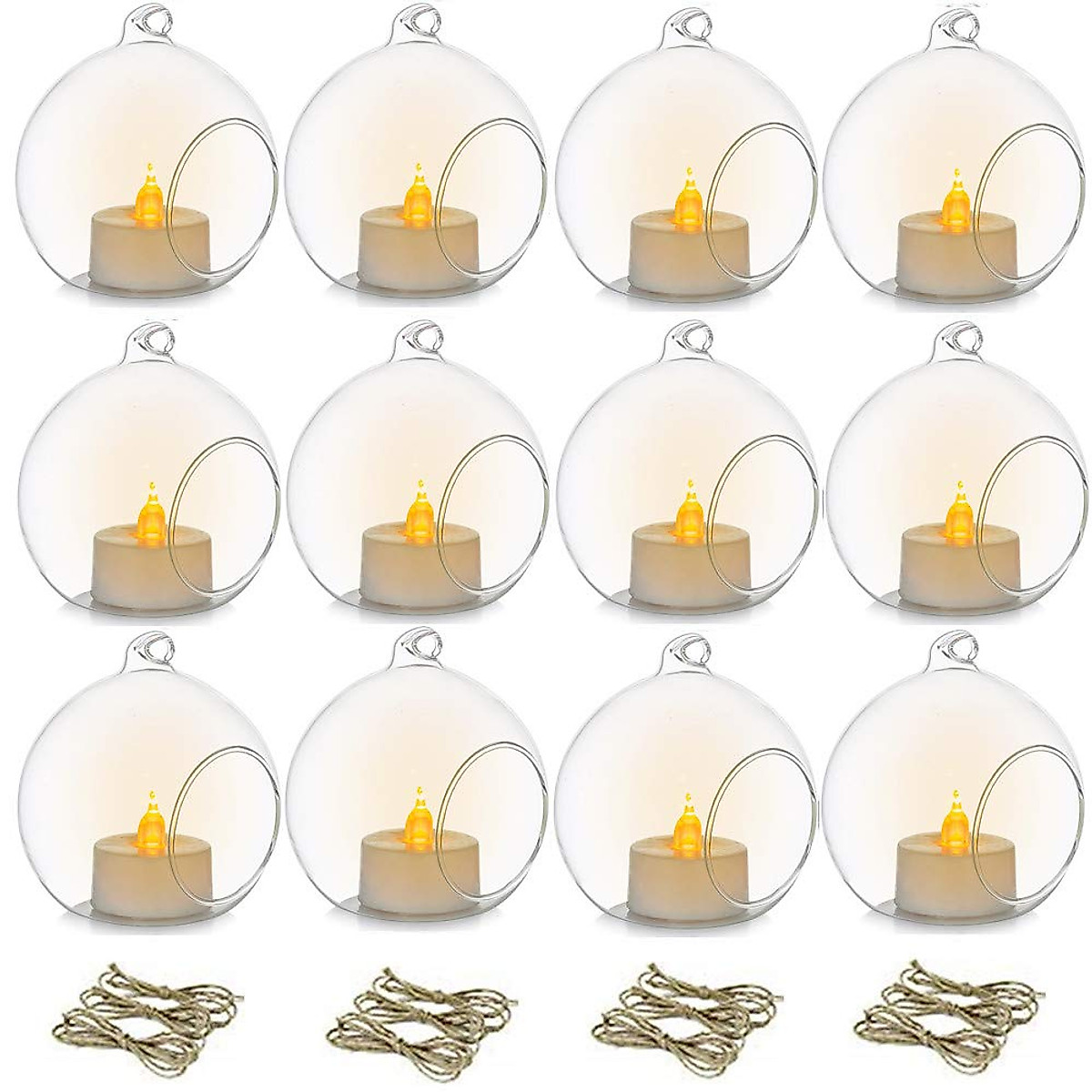 12 Pcs 3.15"/ 8cm Hanging Glass Tealight Holder Globe with LED Tealight, Plant Terrariums Glass Orbs Air Plants Tea Light Candle Holders Home Decor Indoor Outdoor Garden DIY Gifts (12 Pcs)