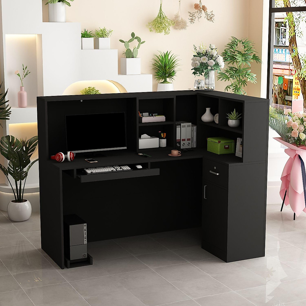 DiDuGo Reception Desk Front Desk Reception Counter, L Shaped Reception Room Table with Storage, Keyboard & Shelves and Drawer, for Salon Office Black (55.9”W x 32.3”D x 48.4”H)