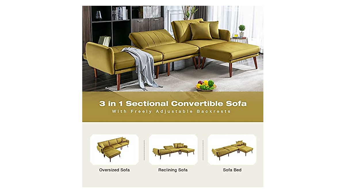 JOMEED Convertible Sectional Sofa Bed - Modern Plush Velvet Couch